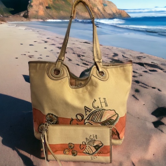 Coach | Bags | Rare Vintage Coach Sea Shell Canvas Tote Wristlet Wallet ...
